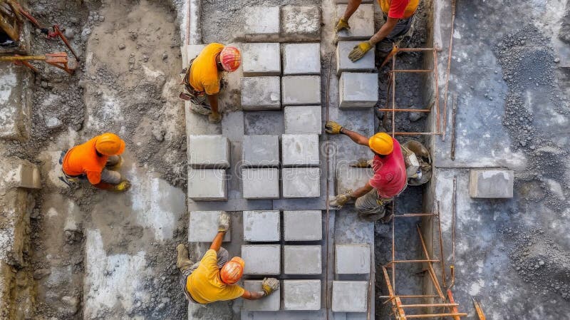 Construction Workers Laying Concrete Blocks on a Construction Site ...