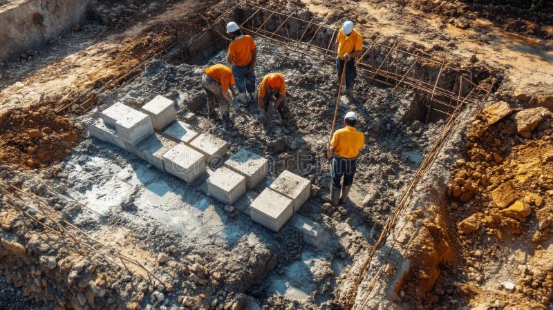 Construction Workers Laying Concrete Blocks in a Foundation Stock ...