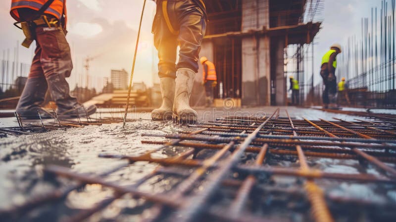 Construction Workers Laying Concrete at Building Site with Rebar ...