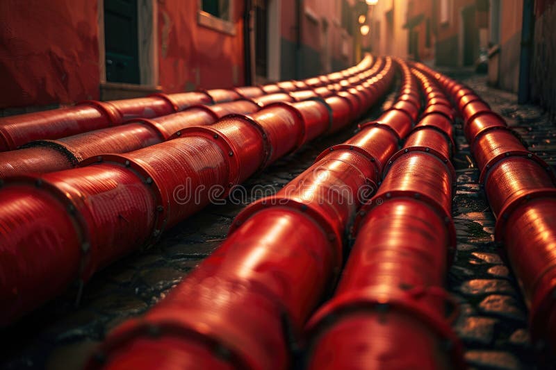 Construction Workers Laying Down a Long Line of Red Pipes on a Street ...