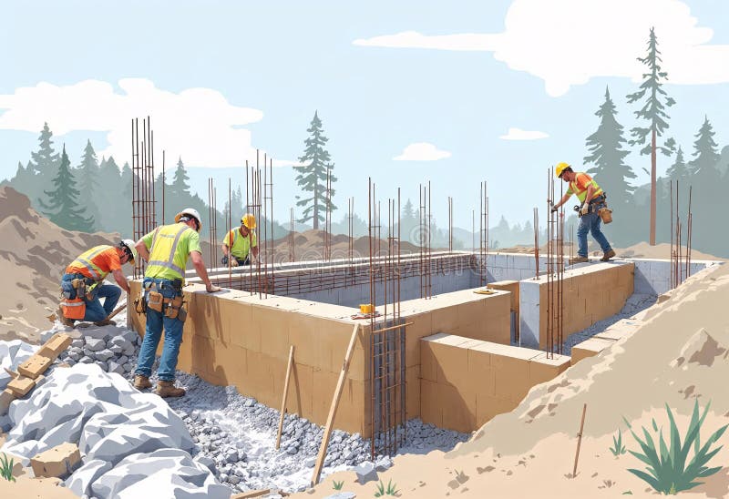 Construction Workers Laying the Foundation of a Building in a Forested ...