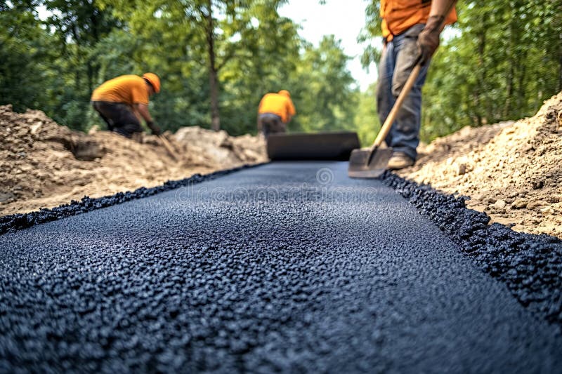 Construction Workers Laying Fresh Asphalt on a New Road Surface Stock ...
