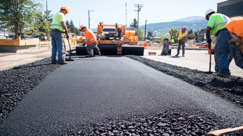 Construction Workers Laying Fresh Asphalt on a Road Stock Illustration ...