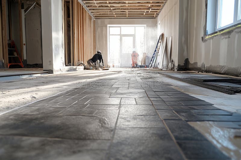 Construction Workers are Laying New Tile Flooring in a House Under ...