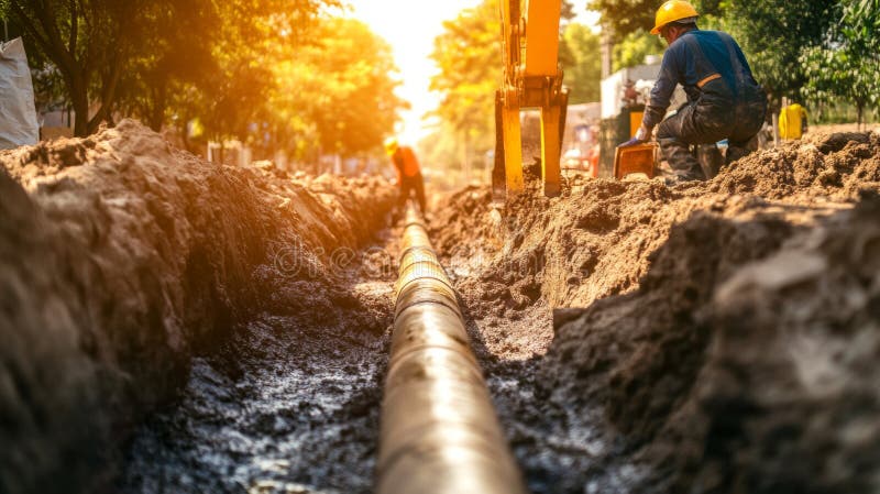 Construction Workers Laying Pipe in Trench Stock Illustration ...