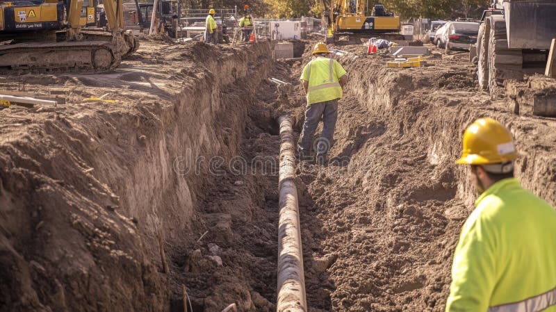 Construction Workers Laying Pipe in Trench Stock Illustration ...