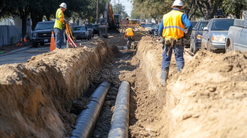 Construction Workers Laying Pipes in a Trench Stock Illustration ...