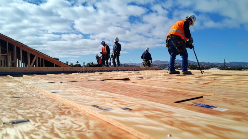 Construction Workers Laying Plywood on a Roof Stock Illustration ...