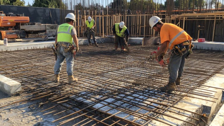 Construction Workers Laying Rebar on a Concrete Slab Stock Illustration ...