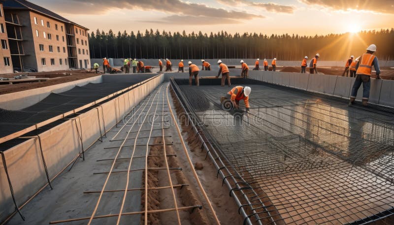 Construction Workers Laying Reinforcement at Sunset Stock Photo - Image ...