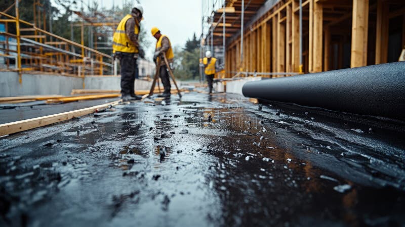 Construction Workers Laying Waterproof Membrane on a Building Site ...