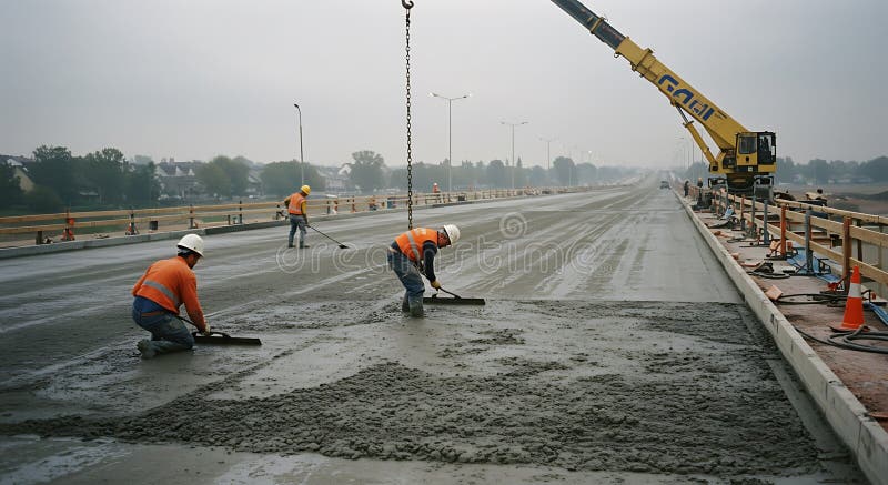 Workers Leveling Wet Concrete on Bridge Deck Under Construction Site ...