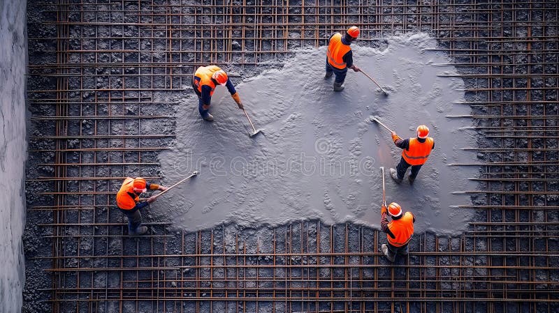 Construction Workers Leveling Concrete on Building Site Stock Photo ...