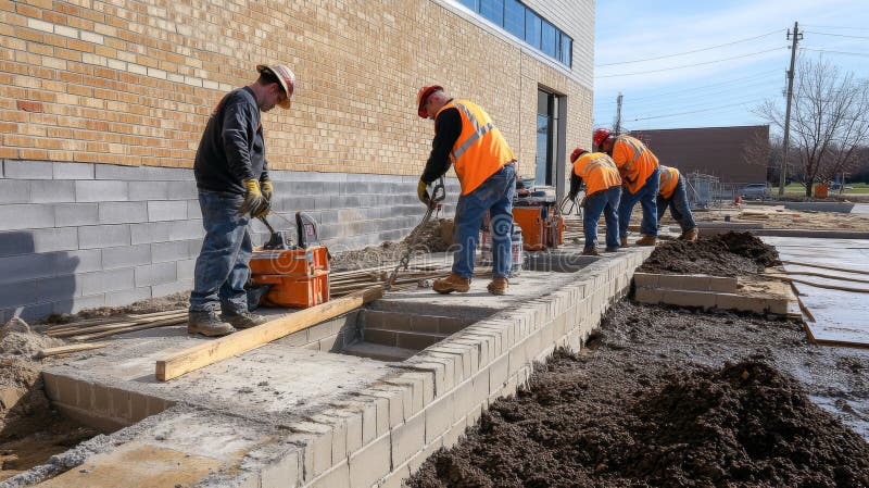 Construction Workers Leveling Concrete Foundation with Power Tools ...