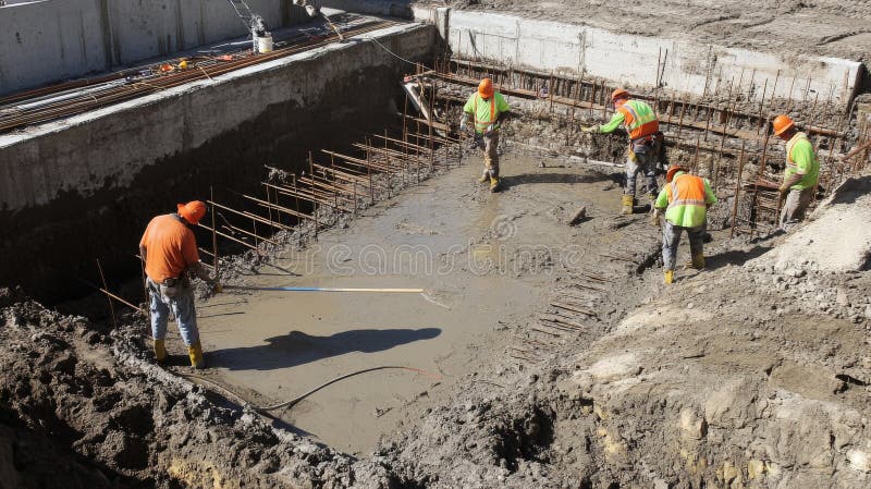 Construction Workers Leveling Concrete at a Construction Site Stock ...