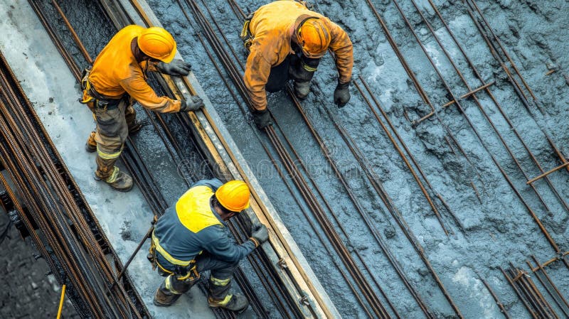 Construction Workers Leveling Fresh Concrete on a Reinforced Steel Grid ...