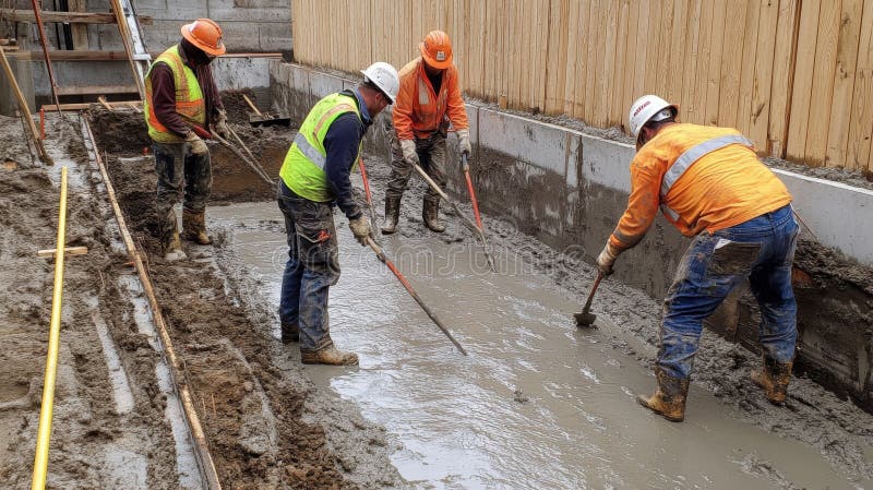 Construction Workers Leveling Wet Concrete with Sticks Stock ...