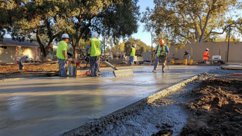 Construction Workers Leveling Wet Concrete with Tools Stock ...