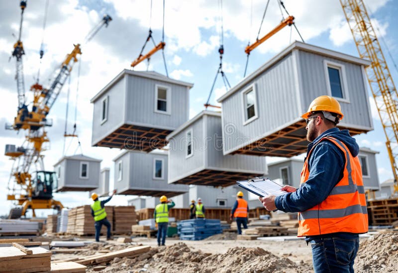 Construction Workers Lift Modular Homes Using Cranes, Showcasing ...