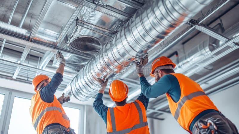 Construction Workers Lifting a Large Metal Duct Stock Illustration ...