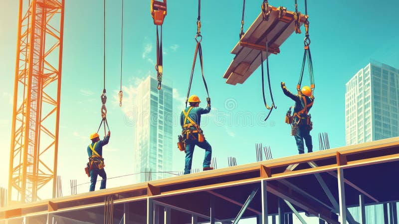 Construction Workers Lifting Materials on a High-rise Building Site ...