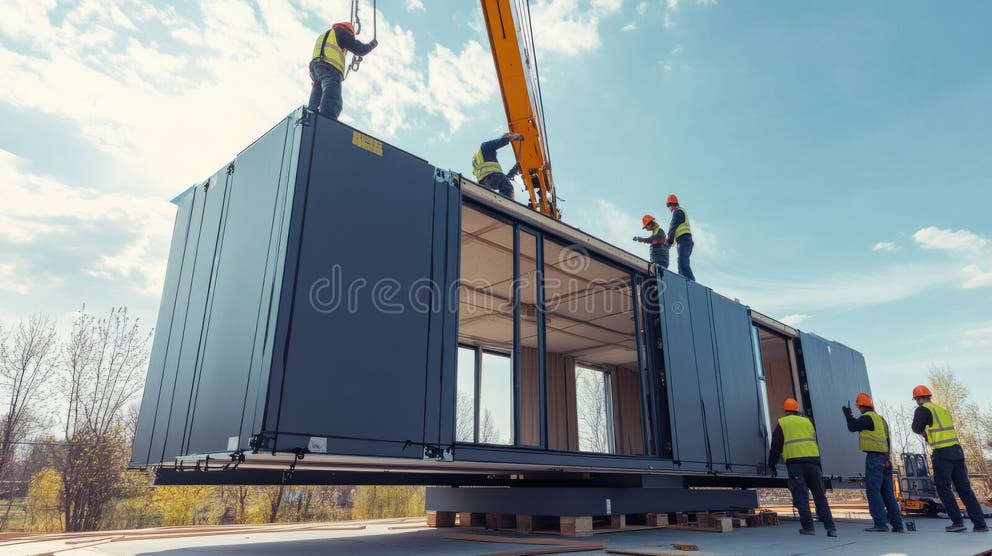 Construction Workers Lifting a Prefabricated Modular Home Section Stock ...