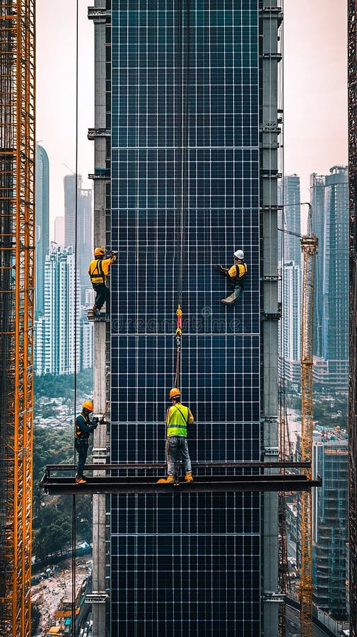 Construction Workers Lifting Solar Panels with a Crane Stock ...