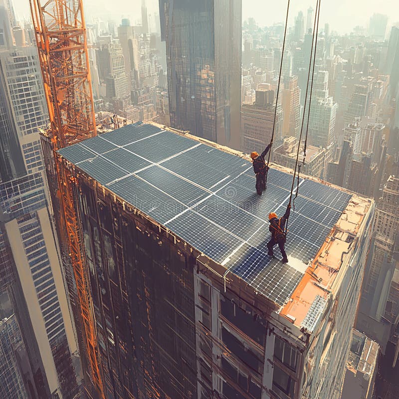 Construction Workers Lifting Solar Panels with a Crane Stock ...
