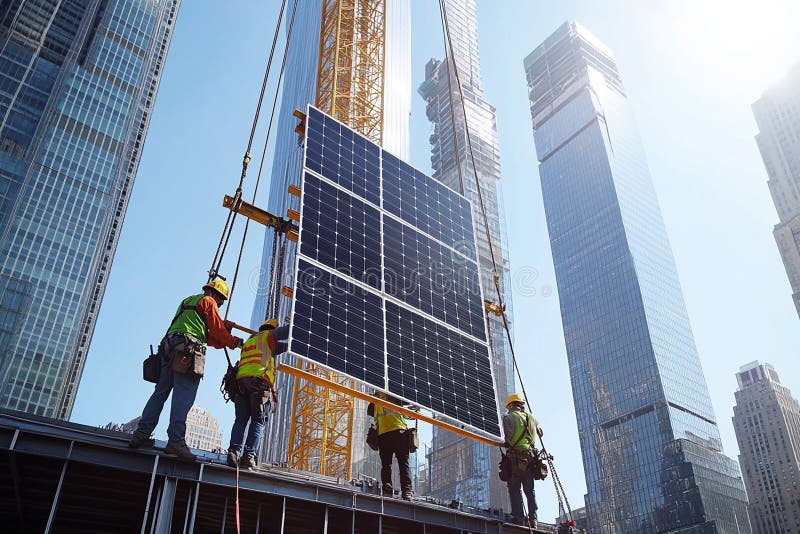 Construction Workers Lifting Solar Panels with a Crane Stock ...