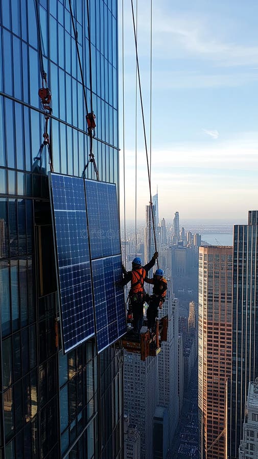 Construction Workers Lifting Solar Panels with a Crane Stock ...