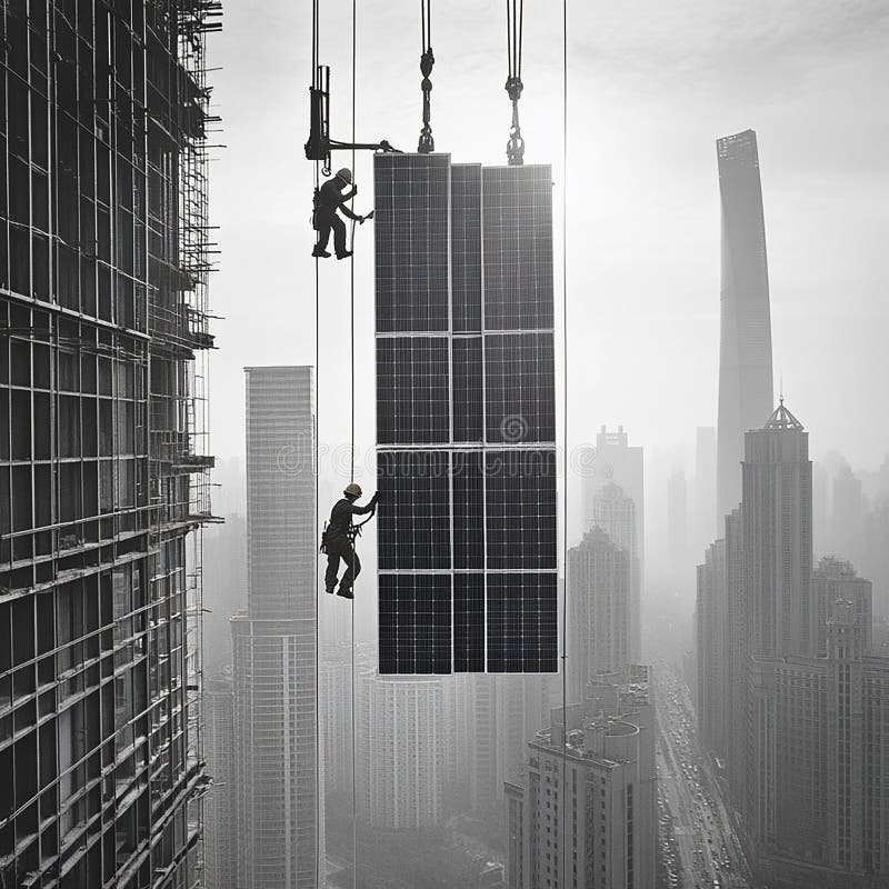 Construction Workers Lifting Solar Panels with a Crane Stock ...