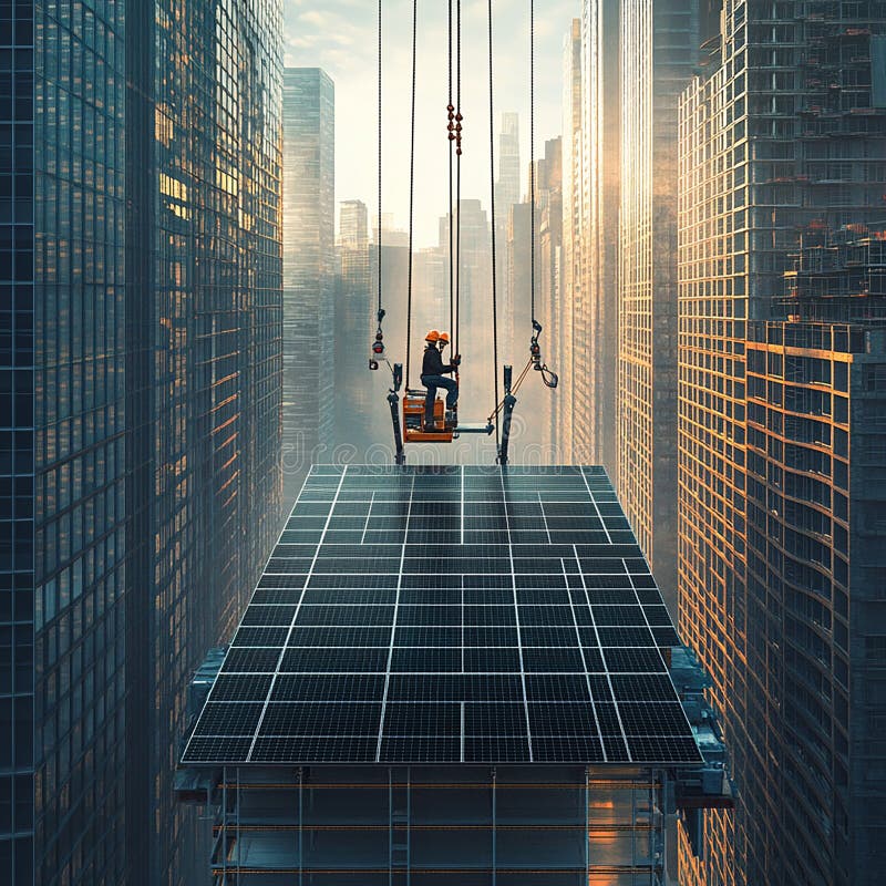 Construction Workers Lifting Solar Panels with a Crane Stock ...