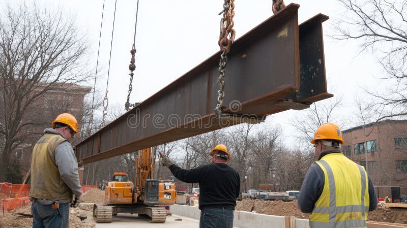 Construction Workers Lifting Steel Beam at a Construction Site Stock ...