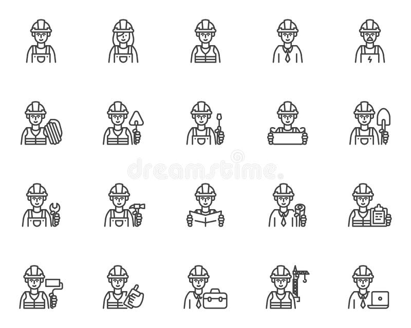 Construction Workers Line Icons Set Stock Vector - Illustration of ...