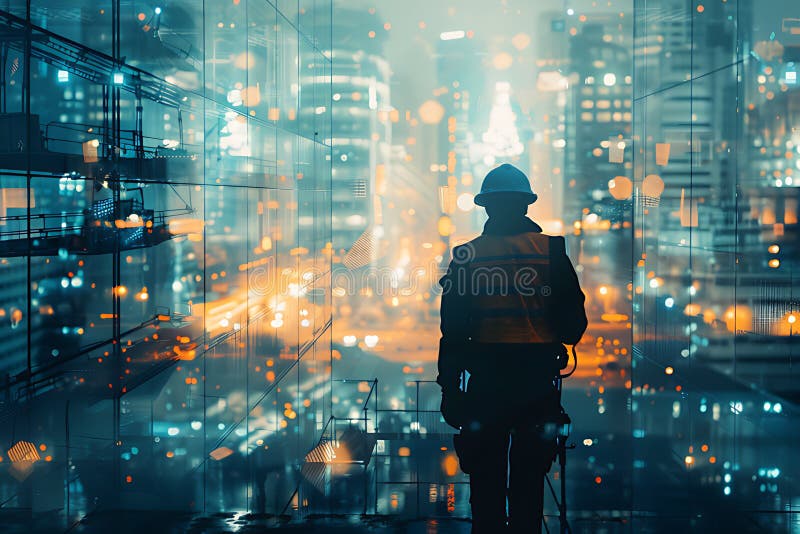 Construction Workers Look at the Bright and Developing Cityscape Stock ...