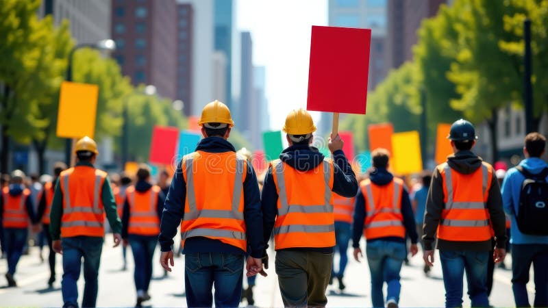 Construction Workers Marching with Signs in City Street Stock ...