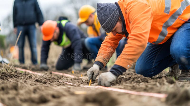 Construction Workers Marking Ground with Orange Tape and Yellow Markers ...