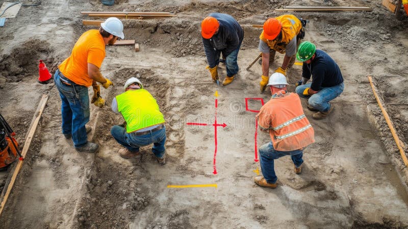 Construction Workers Marking Out a Trench in a Dirt Lot Stock ...