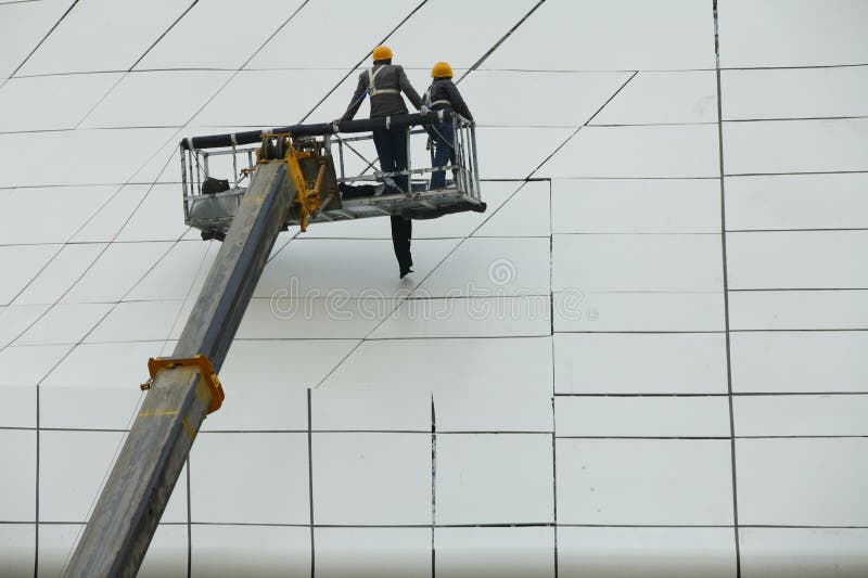 Construction Workers in Mobile Hydraulic Construction Platform Stock ...