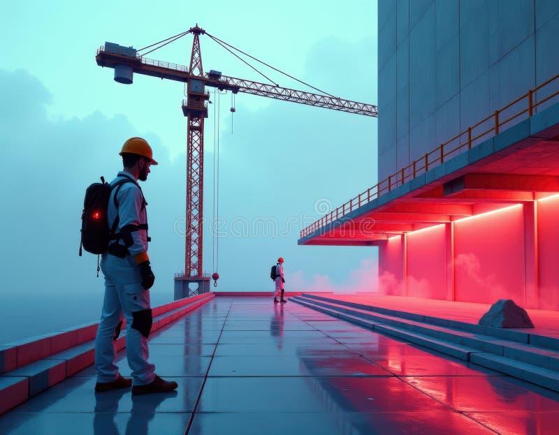 Construction Workers on Modern Building Rooftop at Dusk Stock ...
