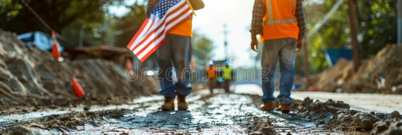 Construction Workers on Muddy Road Holding American Flag. Stock Photo ...
