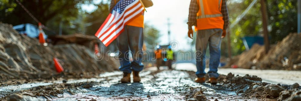 Construction Workers on Muddy Road Holding American Flag. Stock Photo ...