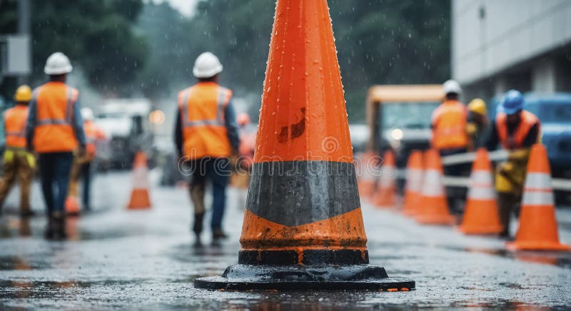 Construction Workers Navigate a Rainy Urban Site with Caution Cones ...