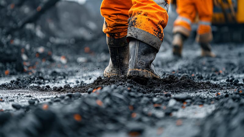 Construction Workers Navigating a Muddy Work Site, Focusing on Their ...