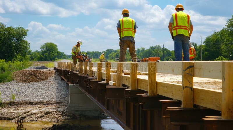 Construction Workers on a New Wooden Bridge Stock Illustration ...