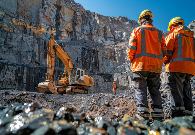 Construction Workers Observe Excavator at Quarry Site Stock ...
