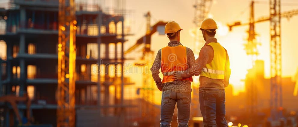 Construction Workers Observing Building Progress at a Sunrise ...