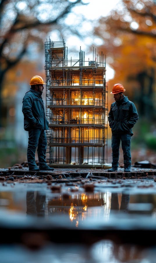 Construction Workers Observing Miniature Building Structure at Dusk ...