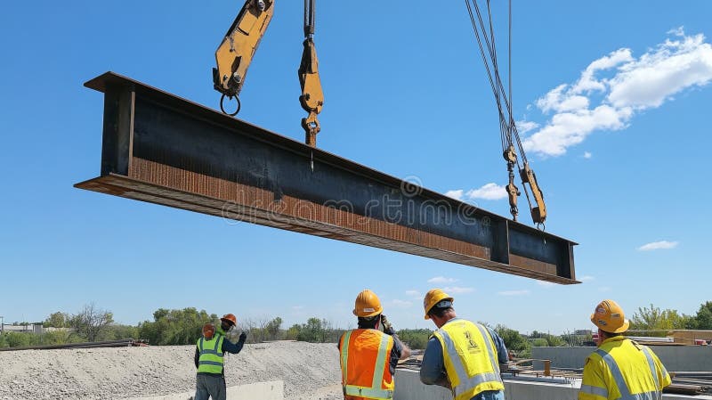 Construction Workers Observing a Steel Beam Being Lifted by a Crane ...