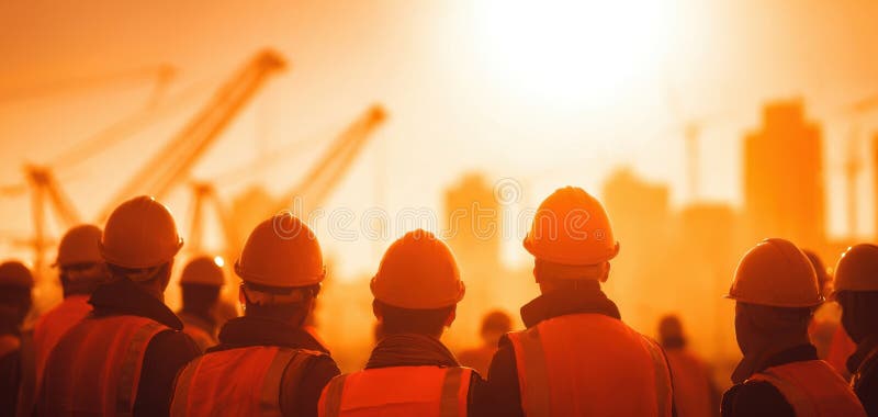 The Construction Workers Observing a Sunset Over an Urban Landscape AI ...